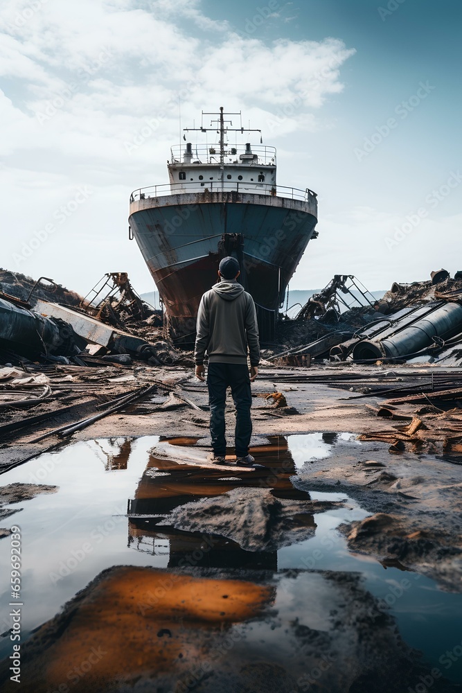 Photography of Man standing on destroyed part of ship. abandoned port ...