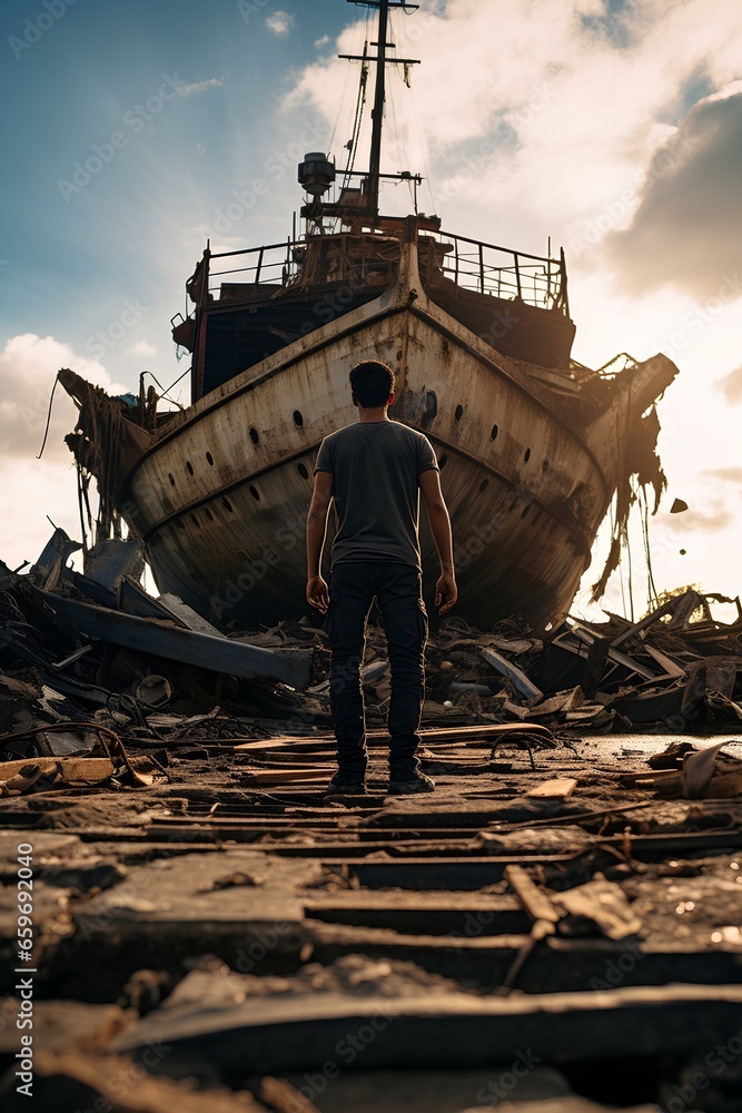 Photography of Man standing on destroyed part of ship. abandoned port ...