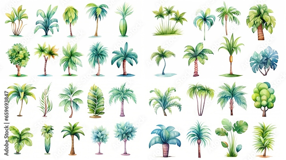 watercolor style cartoon illustration of tropical plant foliage ...