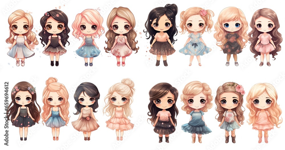 cartoon illustration collection set, cute girl wearing pretty dress ...