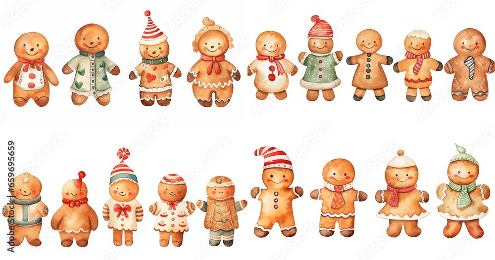 watercolor style cartoon illustration of cute ginger bread wearing ...