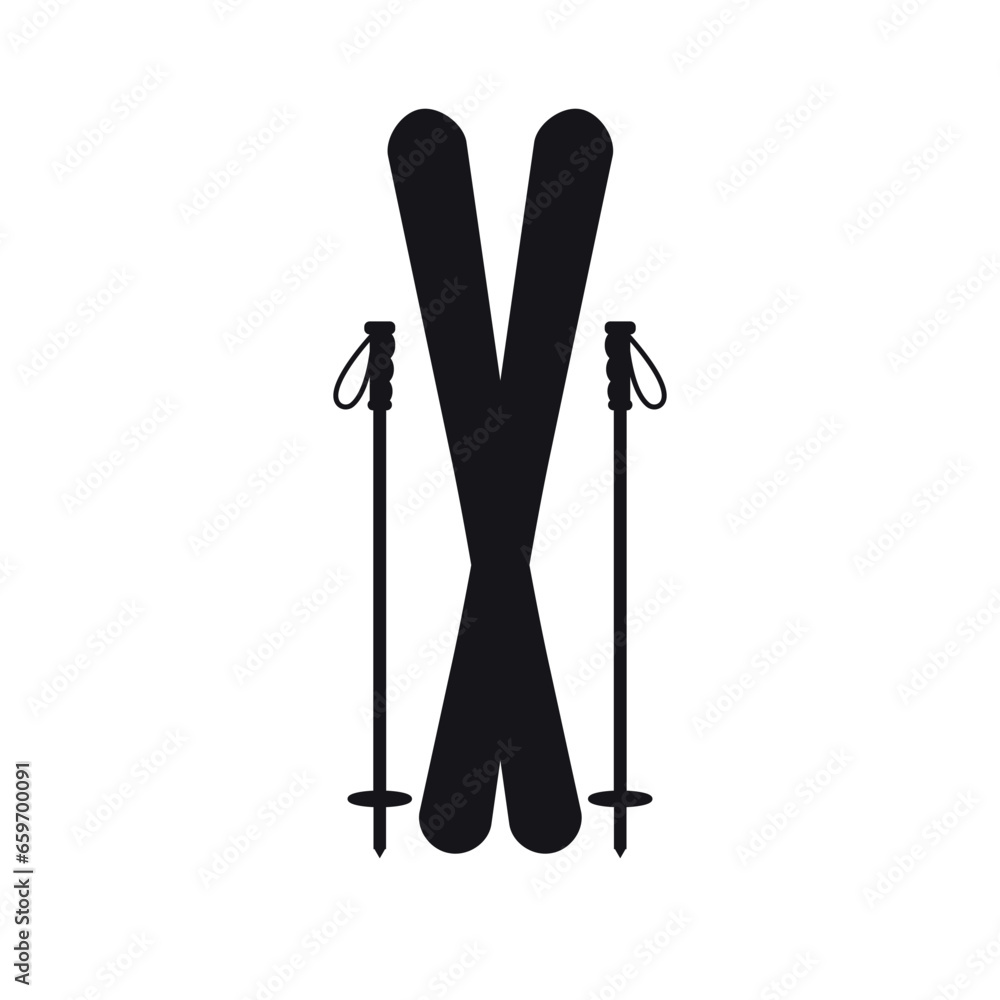 Vector flat crossed skis silhouette isolated on white background Stock ...