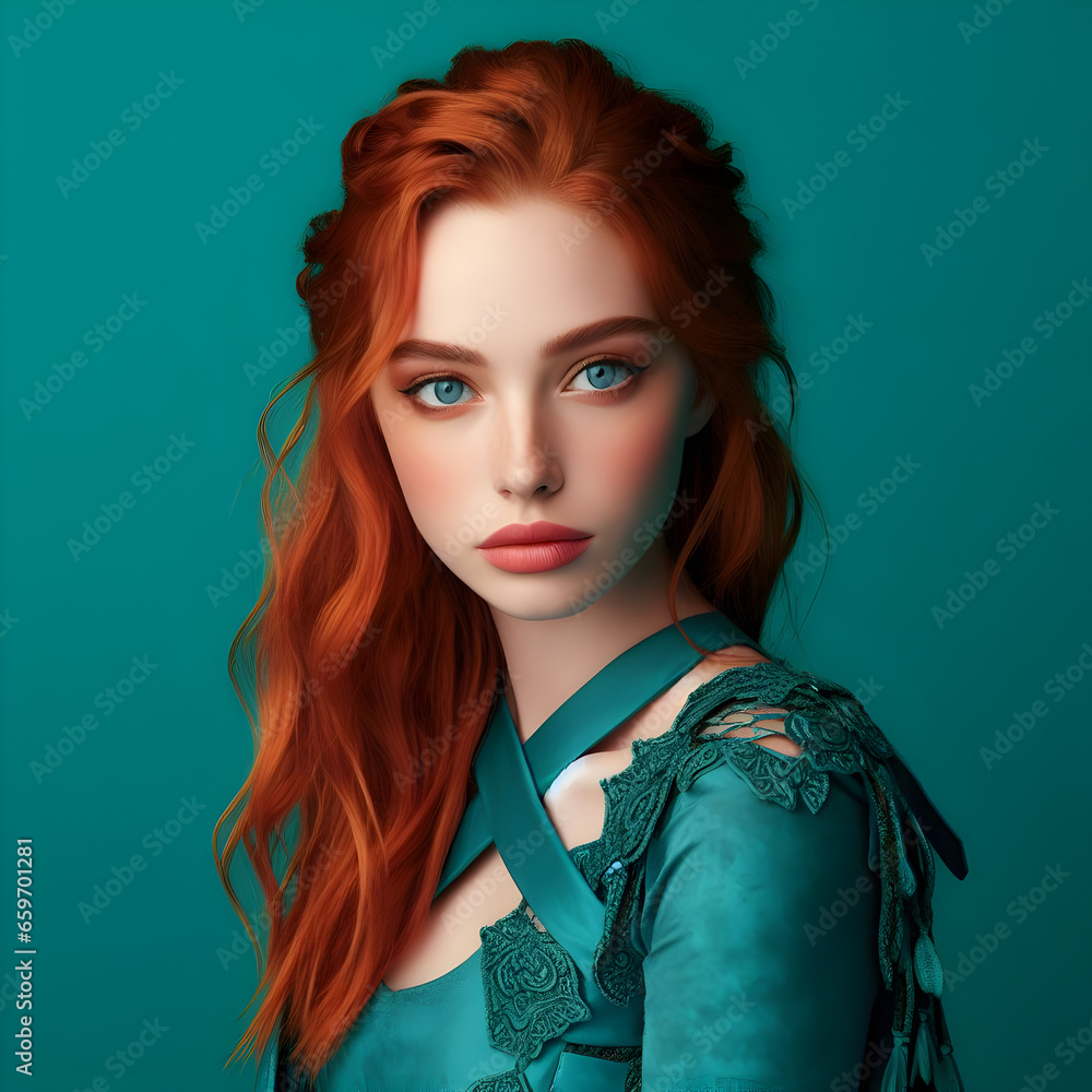 Portrait of an Celtic Redhead model with middle ponytail hairstyle ...