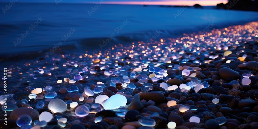 Beautiful beach at night illuminated by moonlight scattered with many ...