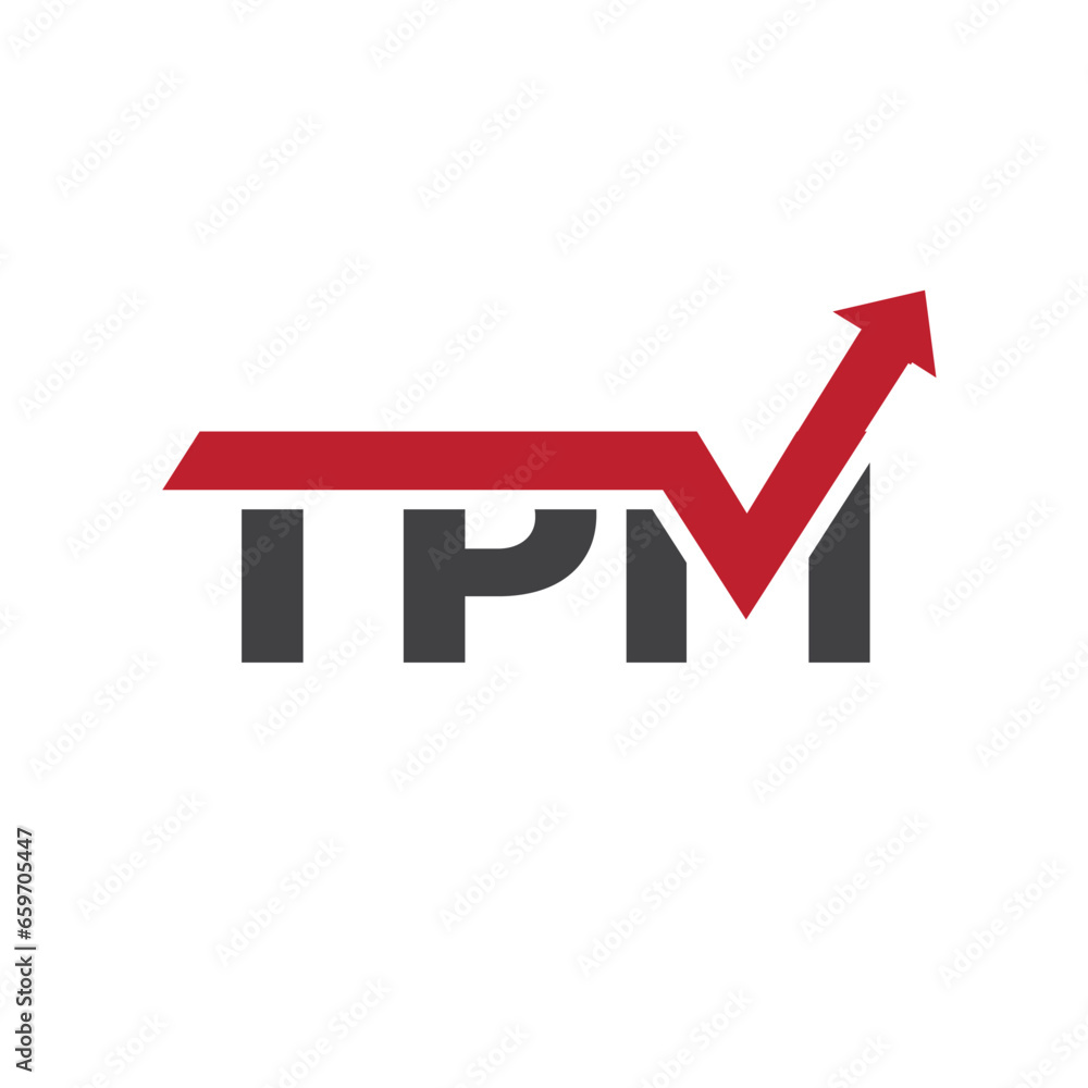 this image is an initial logo of letter TPM with a red arrow going up ...