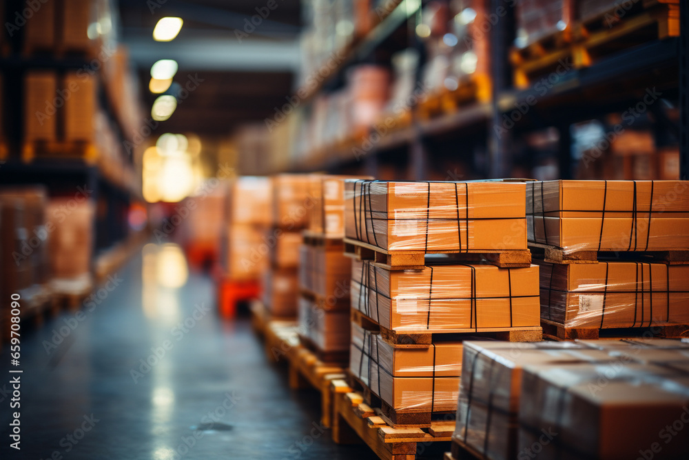 Retail warehouse full of shelves with goods in cartons, with pallets ...