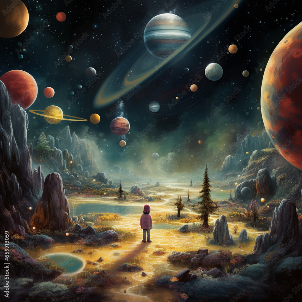 Silhouette watching an alien night sky, with planets in space and stars ...