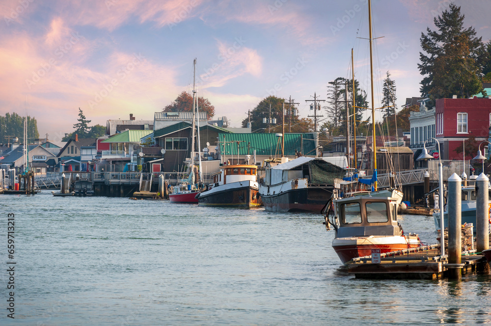La Conner riverfront view on the Skagit River. La Conner, Washington is ...