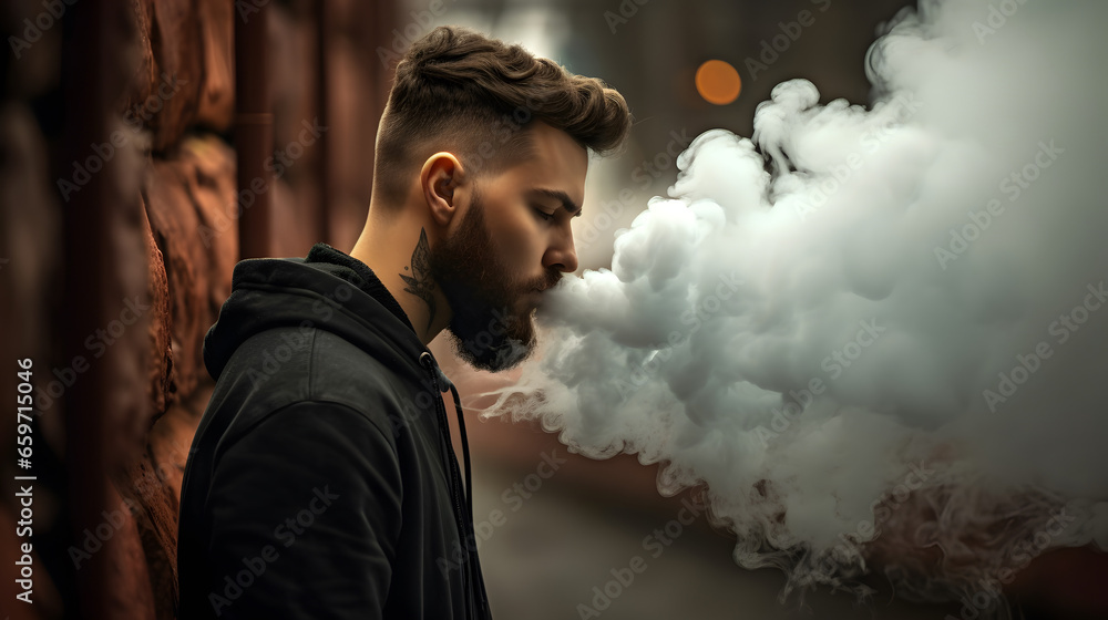 Cloudy smoke coming out of the mouth of a smoker. Concept of heavy ...