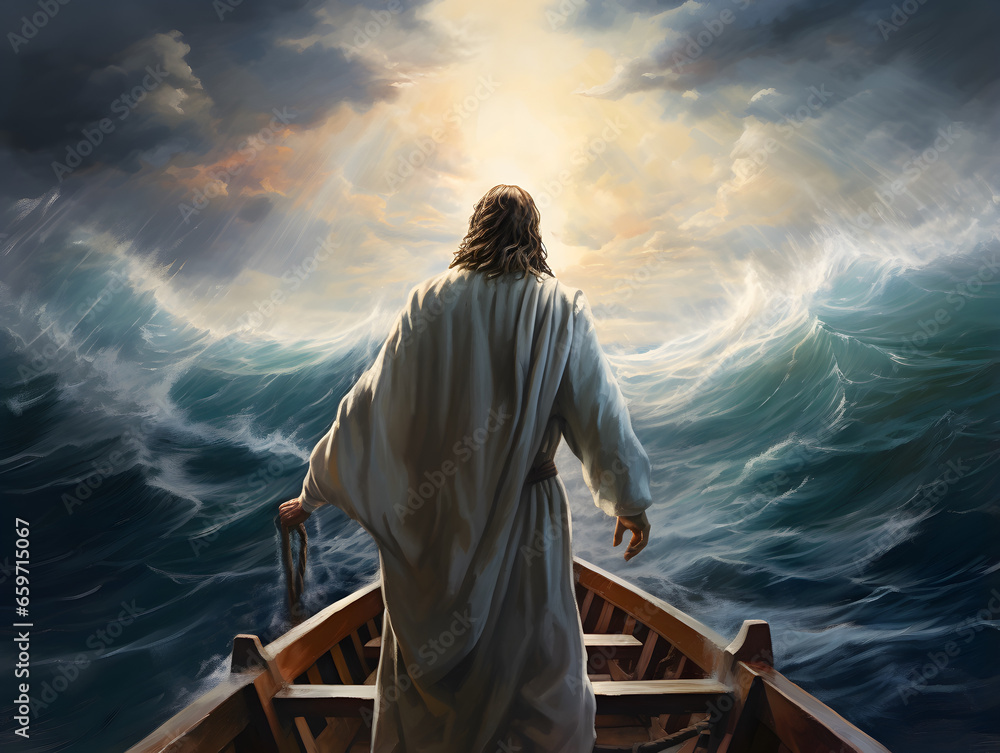 Jesus Christ on the boat calms the storm at sea. Stock Photo | Adobe Stock