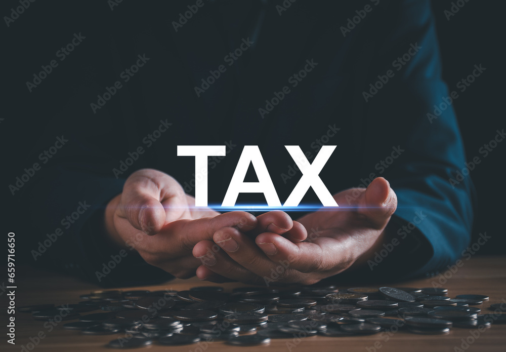 Tax and vat concept. Businessman holding Tax icon. Calculate money ...