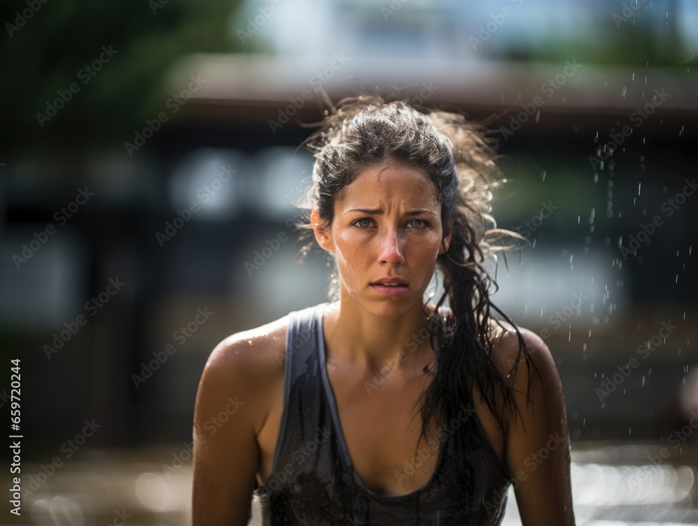 Mulher suando depois de praticar esporte ao ar livre no sol escaldante ...