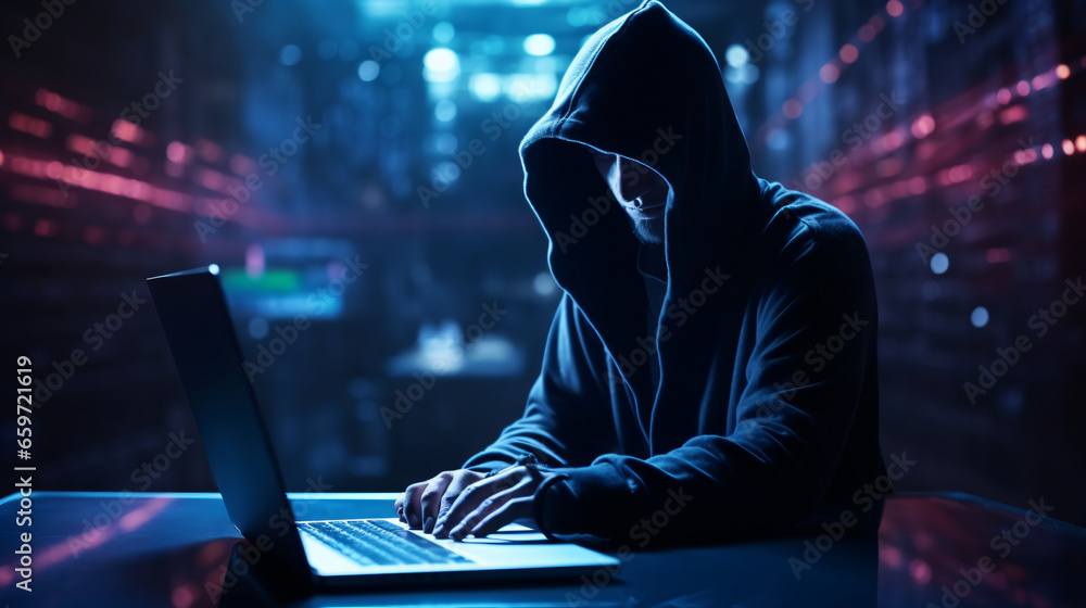 cybersecurity vulnerability and hacker, coding, malware concept. Hooded computer hacker in ...