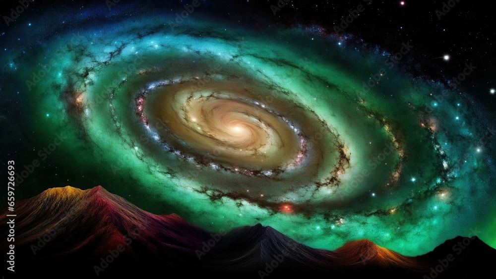 Andromeda galaxy seen from the mountain. Concept art. 4K - 8K - 12K TV ...