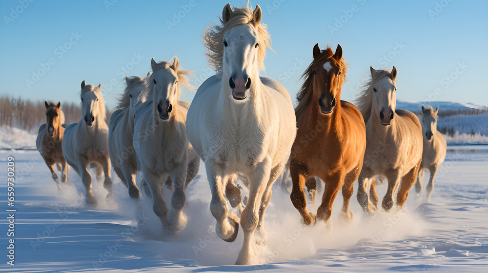 Eight Horse Running Freely in the Winter Landscape, elegance and ...