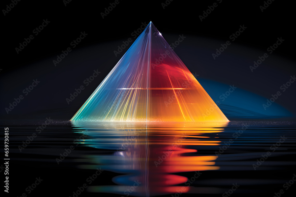 abstract background with pyramid glass prism and water refracting light ...