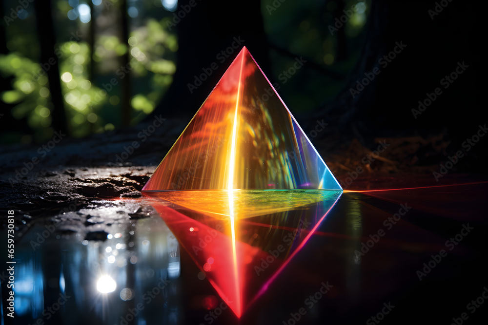 abstract background with pyramid glass prism refracting light spectrum ...