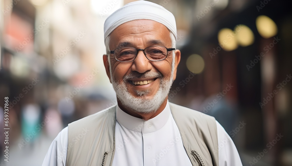 Joyful 60-year-old muslim man from pakistan portrait Stock Photo ...