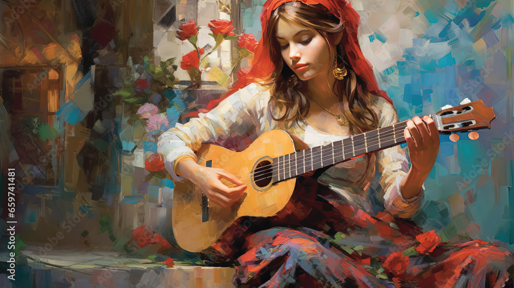 Fine Art Painting in Oil Mixed Style Brush Stroke of Beautiful Young ...