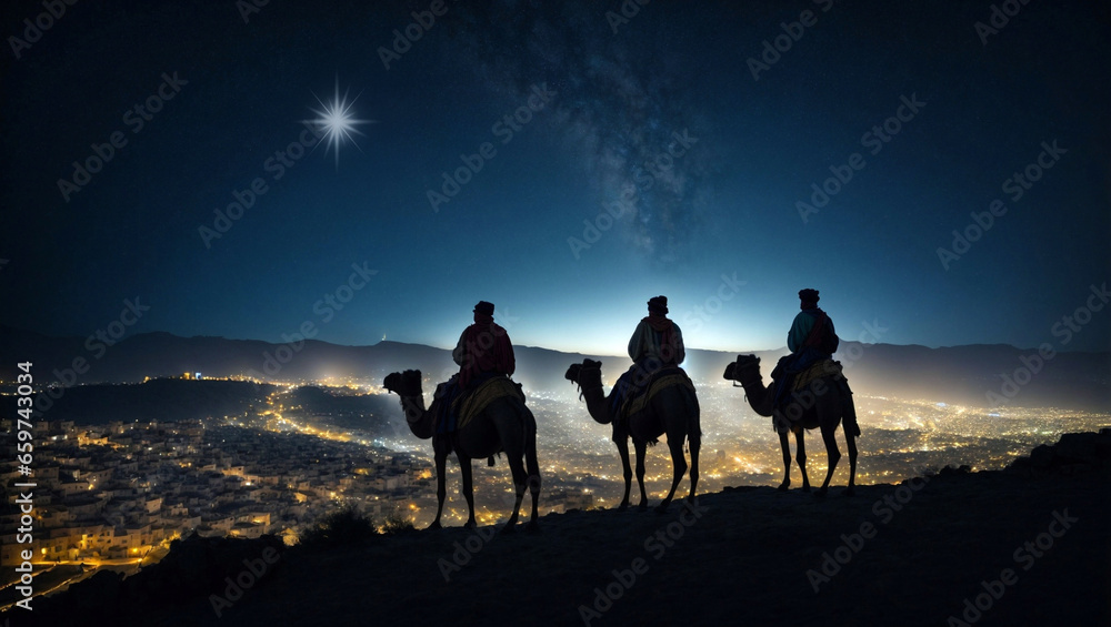 Three wise men traveling to Bethlehem to see the baby Jesus. Stock ...