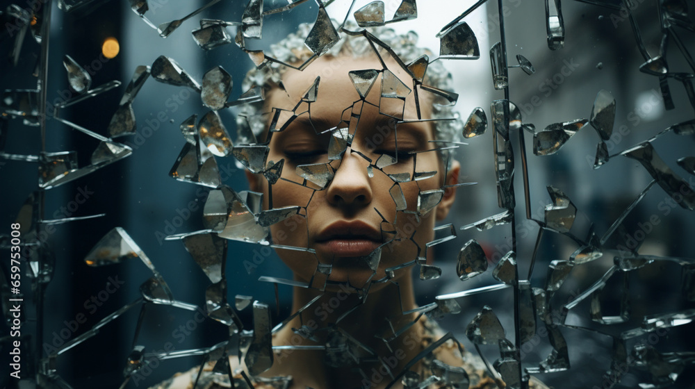 A fractured face with shattered mirror, revealing a puzzle of sharp ...