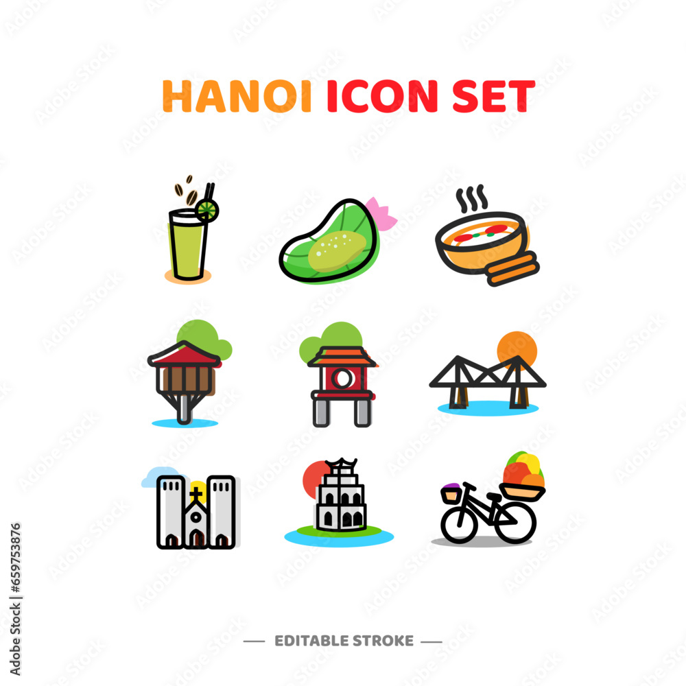 Hanoi Vietnam Icon Set Symbol Illustration Vector. Set of architecture ...