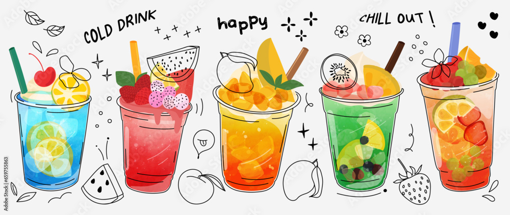 Fresh smoothies and sparkling drinks design with cute doodle decoration ...
