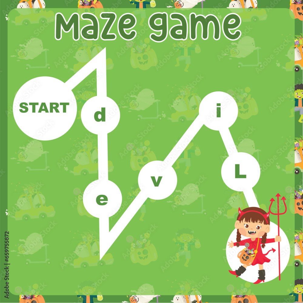 Vetor de Maze game worksheet for kids with Halloween theme. Worksheet ...