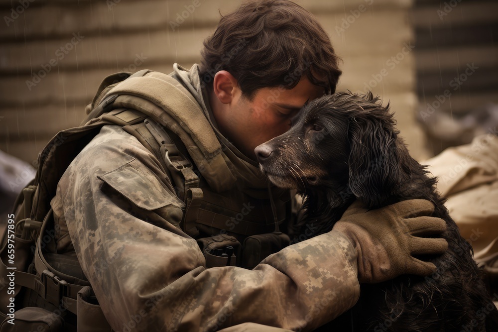 A delighted young soldier sheds tears when he hugs the dog in war ...
