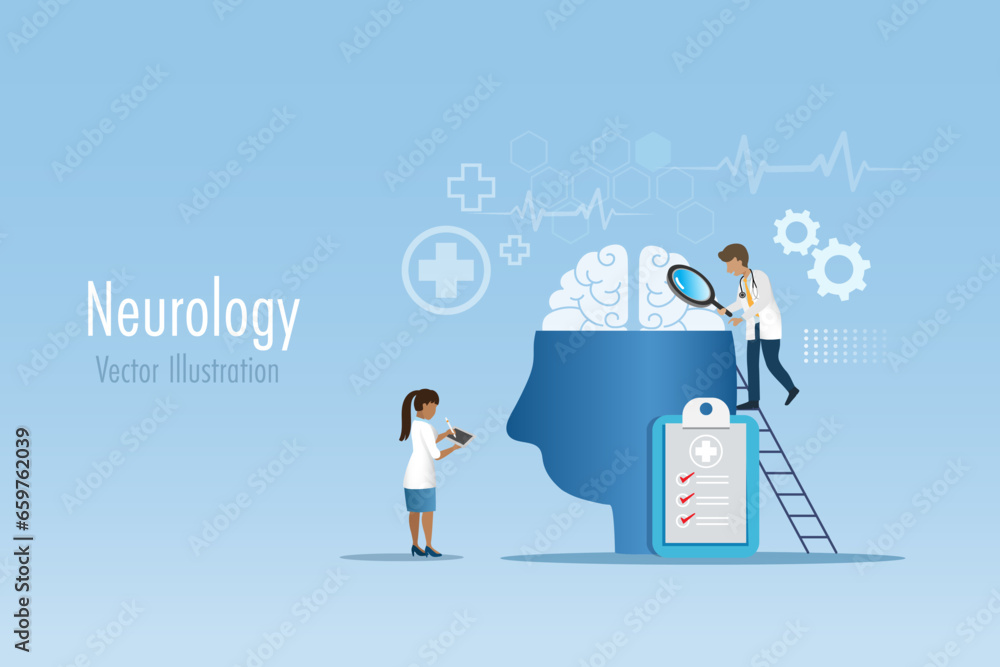 Neurology, brain examing. Doctor team examine human brain with medical ...