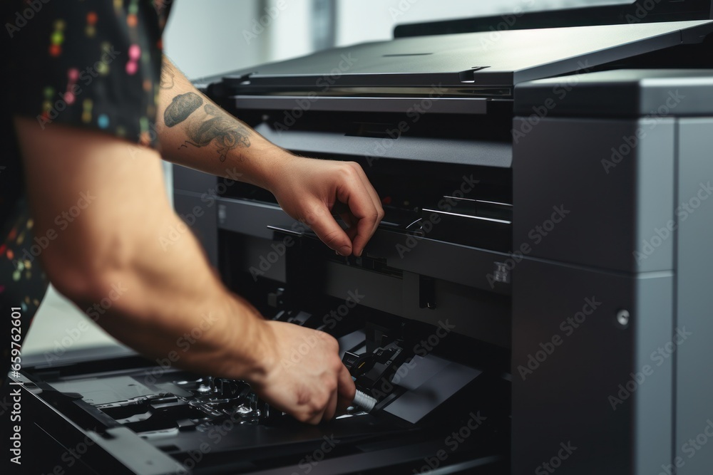 A man is seen putting a printer into a drawer. This image can be used ...