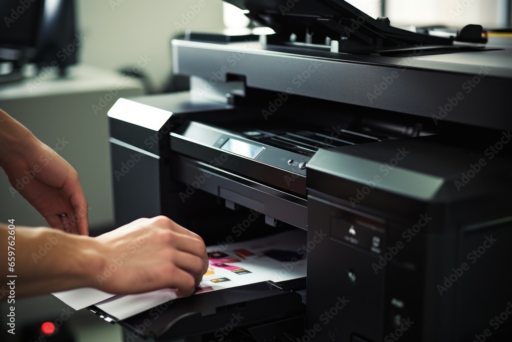 A person is shown inserting a piece of paper into a printer. This image ...