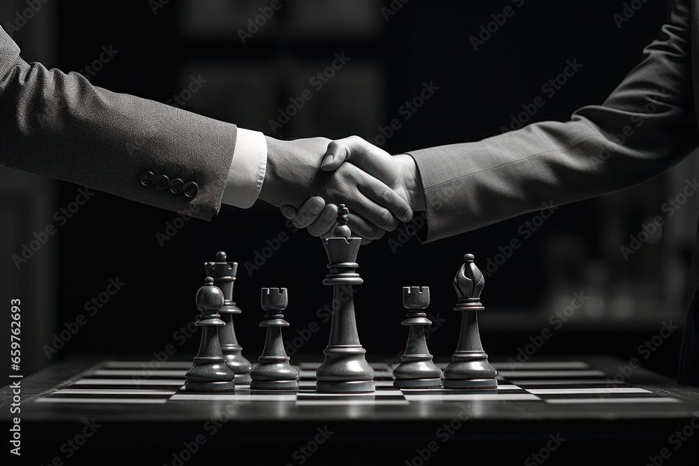 Two men shaking hands over a chess board. This image can be used to ...