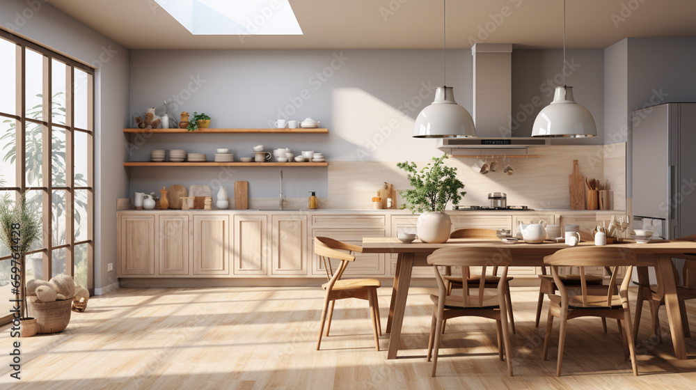 Minimalist and Relaxing Kitchen Room: Interior Design Featuring a Table ...