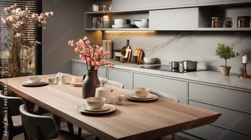 Minimalist and Relaxing Kitchen Room: Interior Design Featuring a Table ...