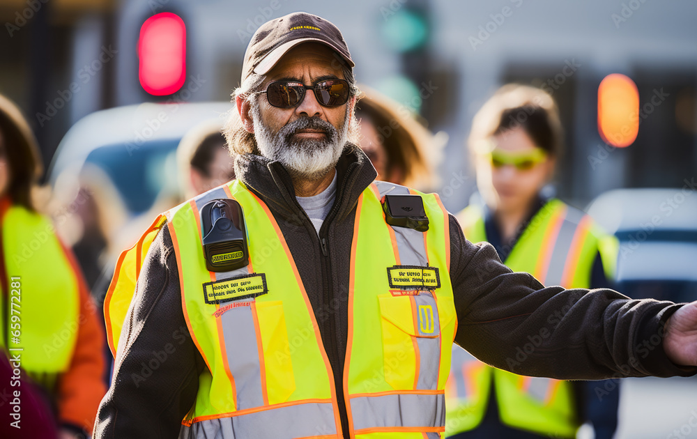 portrait of Crossing Guard, who Guide or control vehicular or ...