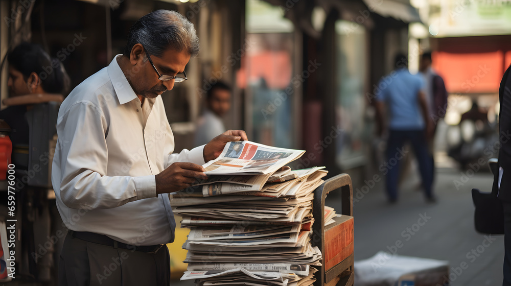 Old man selling newspapers at a newspaper stand in a busy street Stock ...