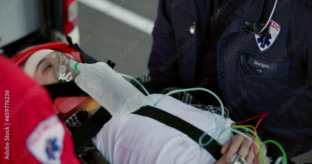 Emergency, accident and patient with oxygen mask on stretcher for ...