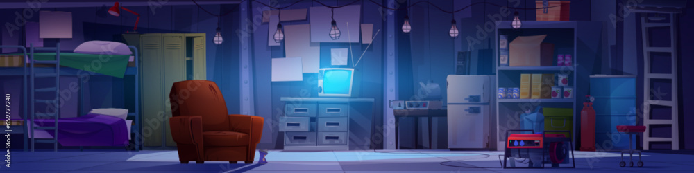 Bunker basement room interior. Vector cartoon illustration of dark ...