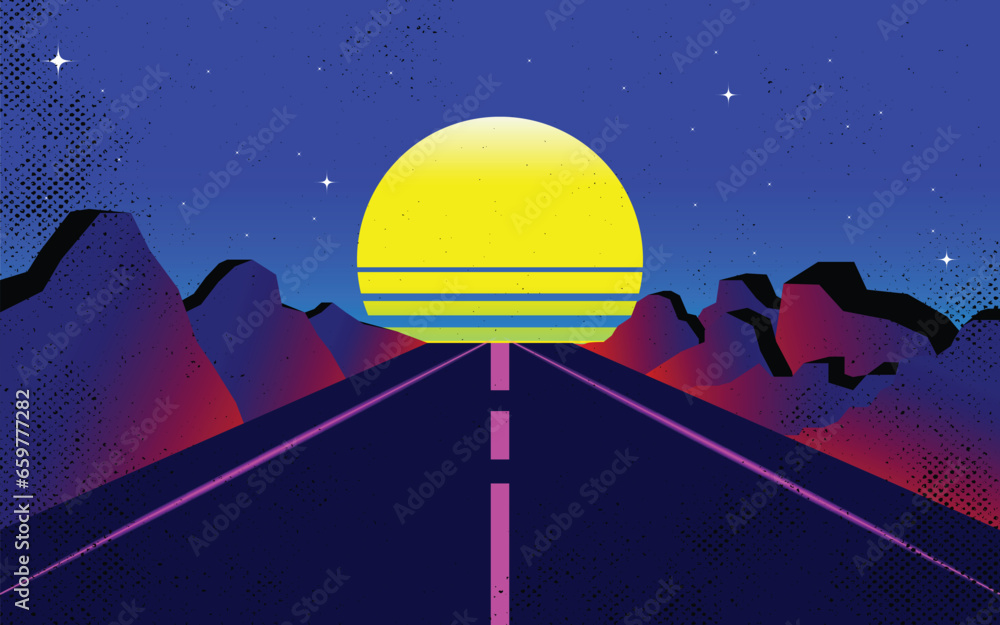 1980s style futuristic retro background. Landscape in the cyber world ...