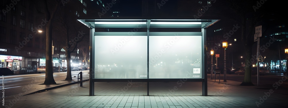Blank white vertical digital billboard poster on city street bus stop ...