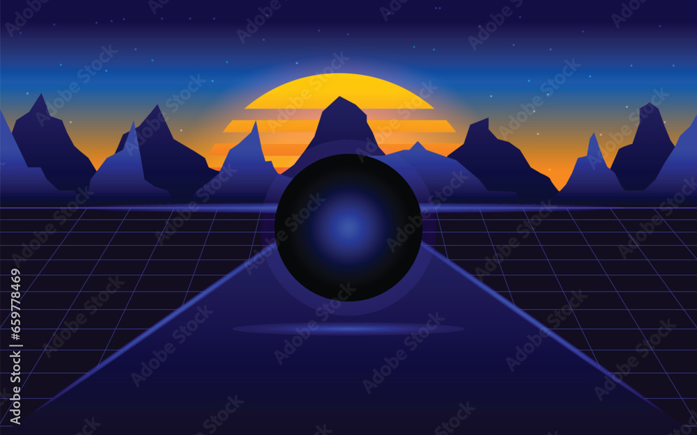 80s retro landscape blue background. Landscape of some futuristic ...