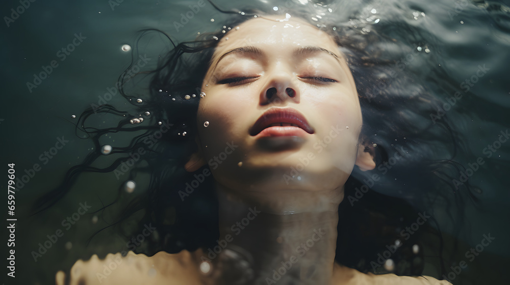Beautiful asian female submerged underwater in the sea, portrait of ...