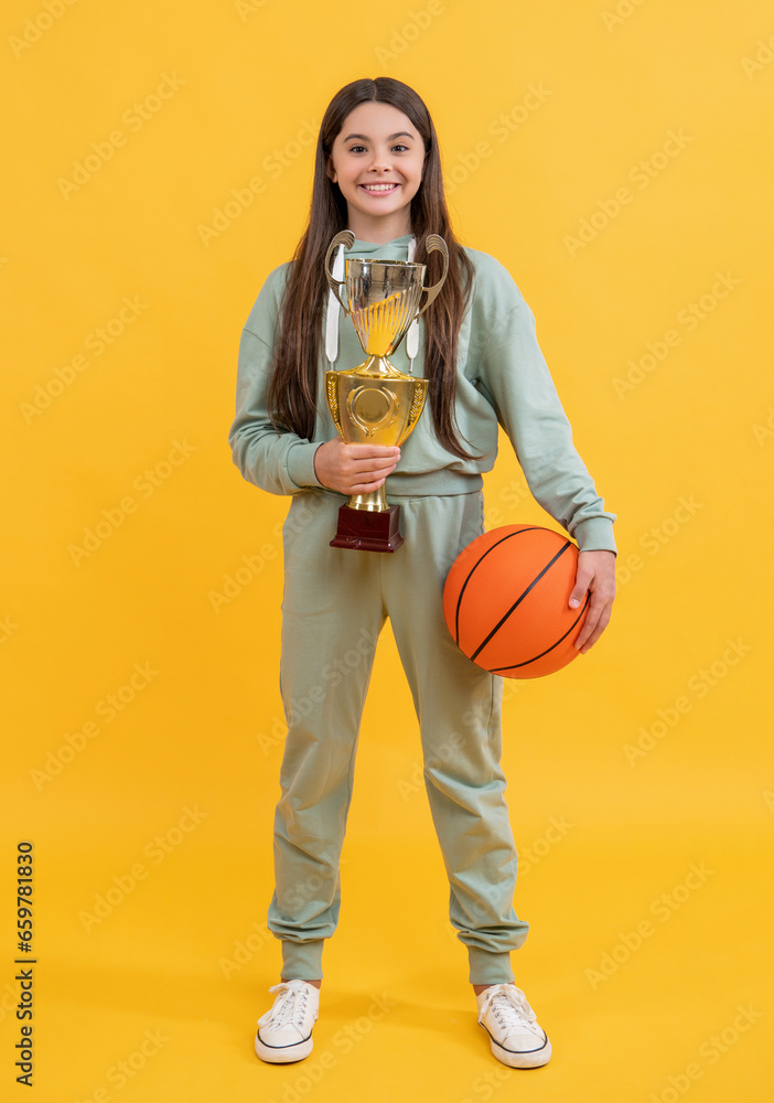 happy basketball champion. sport success. girl won prize. back to ...