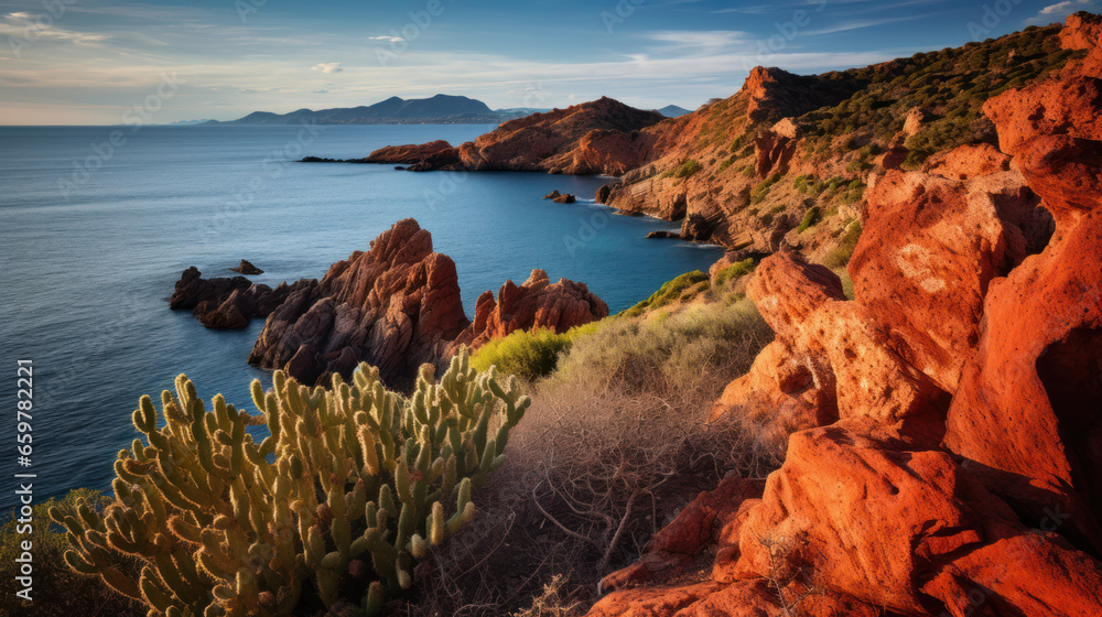 vue aérienne de la côte d'Azur, massif de l’Estérel typique avec ses ...