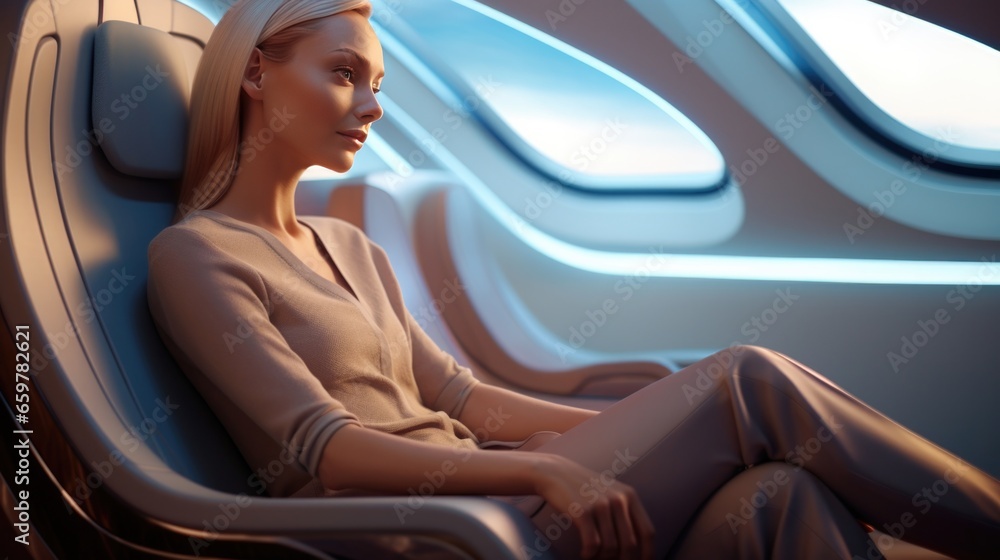 Woman sitting in the interior of futuristic private jet. Stock ...