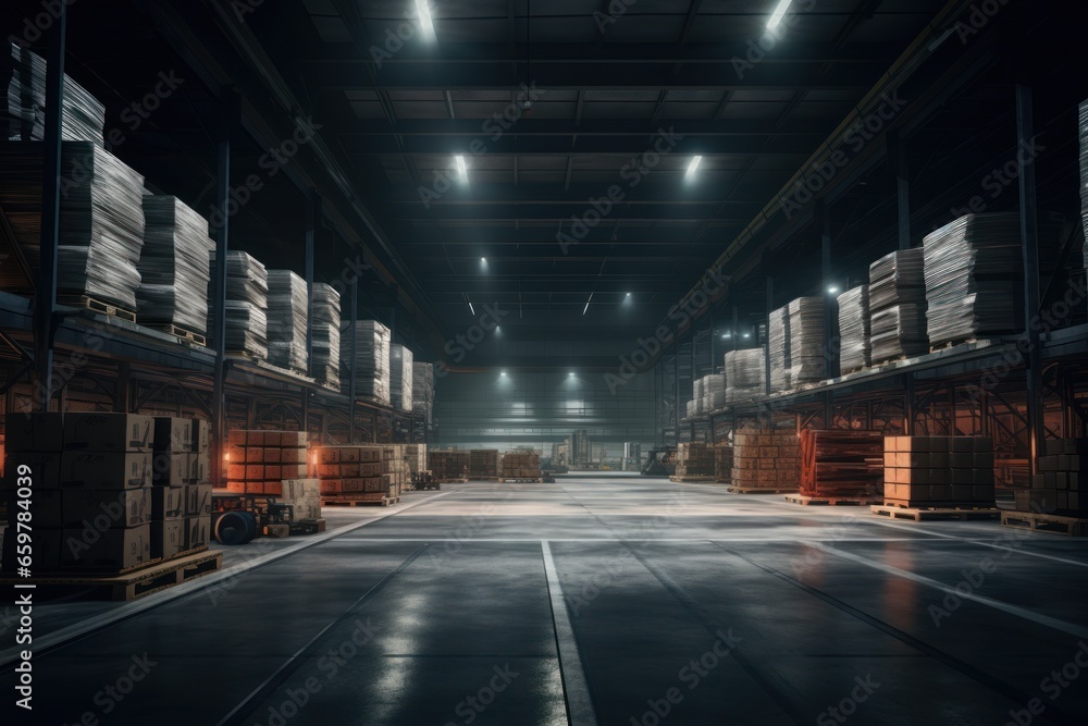 A large warehouse filled with lots of pallets. This image can be used ...