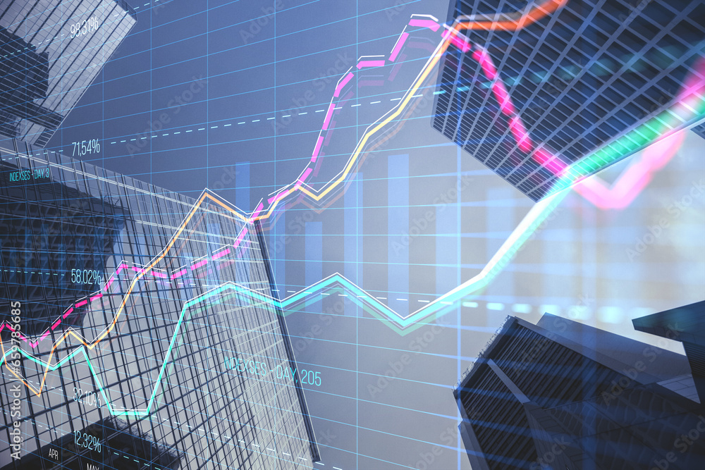 Abstract creative business graph with index and grid on blurry city ...