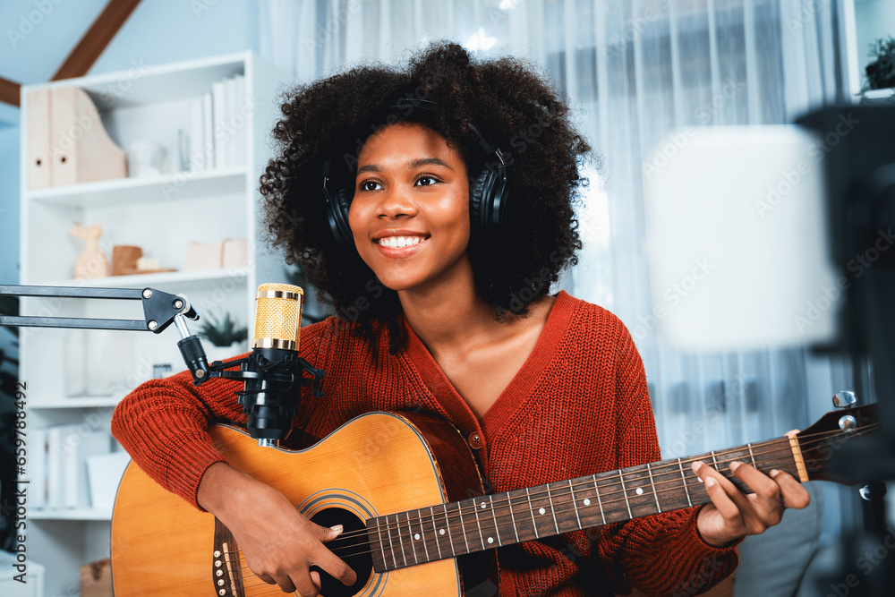 Host channel of beautiful African woman influencer singing with playing ...