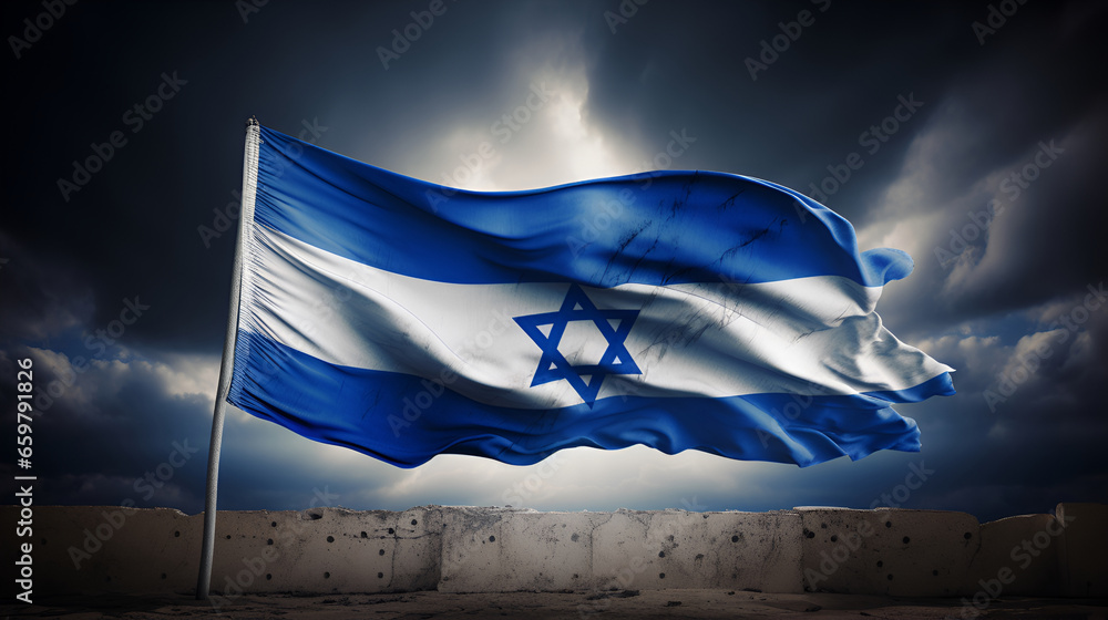 flag of Israel in fire and smoke develops in the wind and the Star of ...